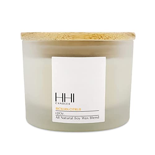 HHI Citrus Candle | A Blend of Lemon, Orange, Lime and Eucalyptus | Sicilian Citrus | All Natural Soy Candle | Large 12 Ounce Three Wick Candle | Long burn time | includes Bamboo Lid and Gift Box