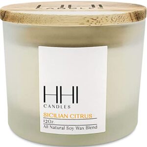 hhi citrus candle | a blend of lemon, orange, lime and eucalyptus | sicilian citrus | all natural soy candle | large 12 ounce three wick candle | long burn time | includes bamboo lid and gift box