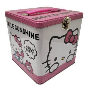 the tin box company hello kitty stack store and carry tin. stackable tin box with handle,pink and white, storage box, 5.75" height, clasp and hinge on lid