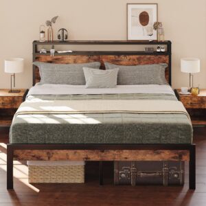 likimio queen bed frame, platform bed frame with 2-tier storage headboard and strong support legs, more sturdy, noise-free, no box spring needed, vintage brown