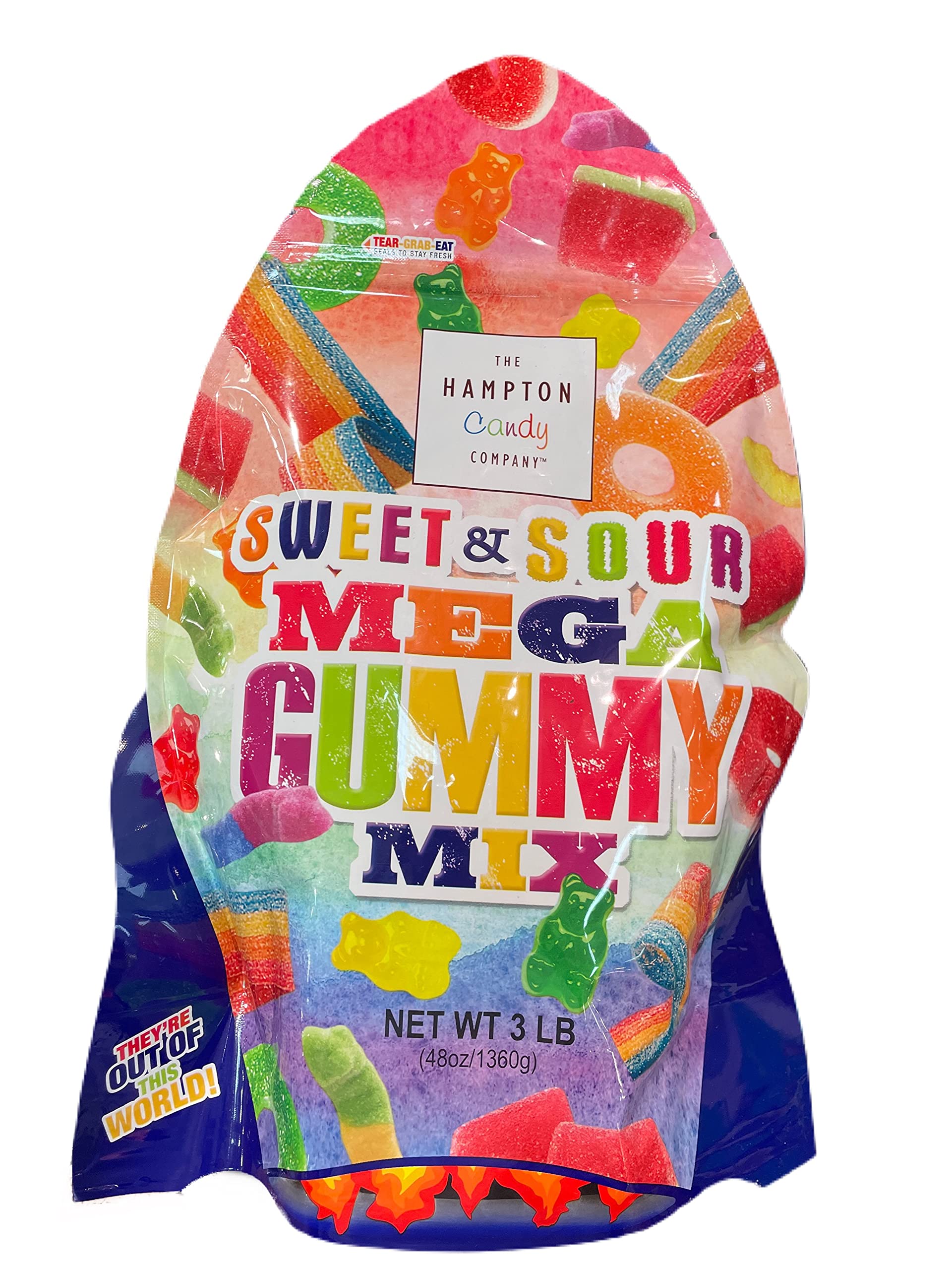 THC The Hampton Candy Company, Sweet & Sour Mega Gummy Mix, Resealable Bag, Assorted, 3 lb, 48 Oz