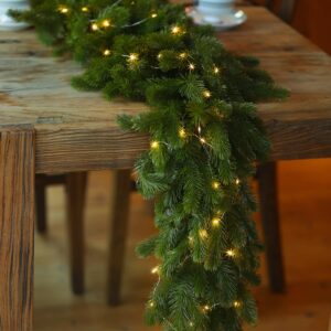 PARTY JOY 6FT Christmas Garland Pine Garland with 9.8FT LED Lights String, Greenery Plant for Christmas Decorations Table Mantle Background Wall Room Outdoor Indoor Winter Decoration