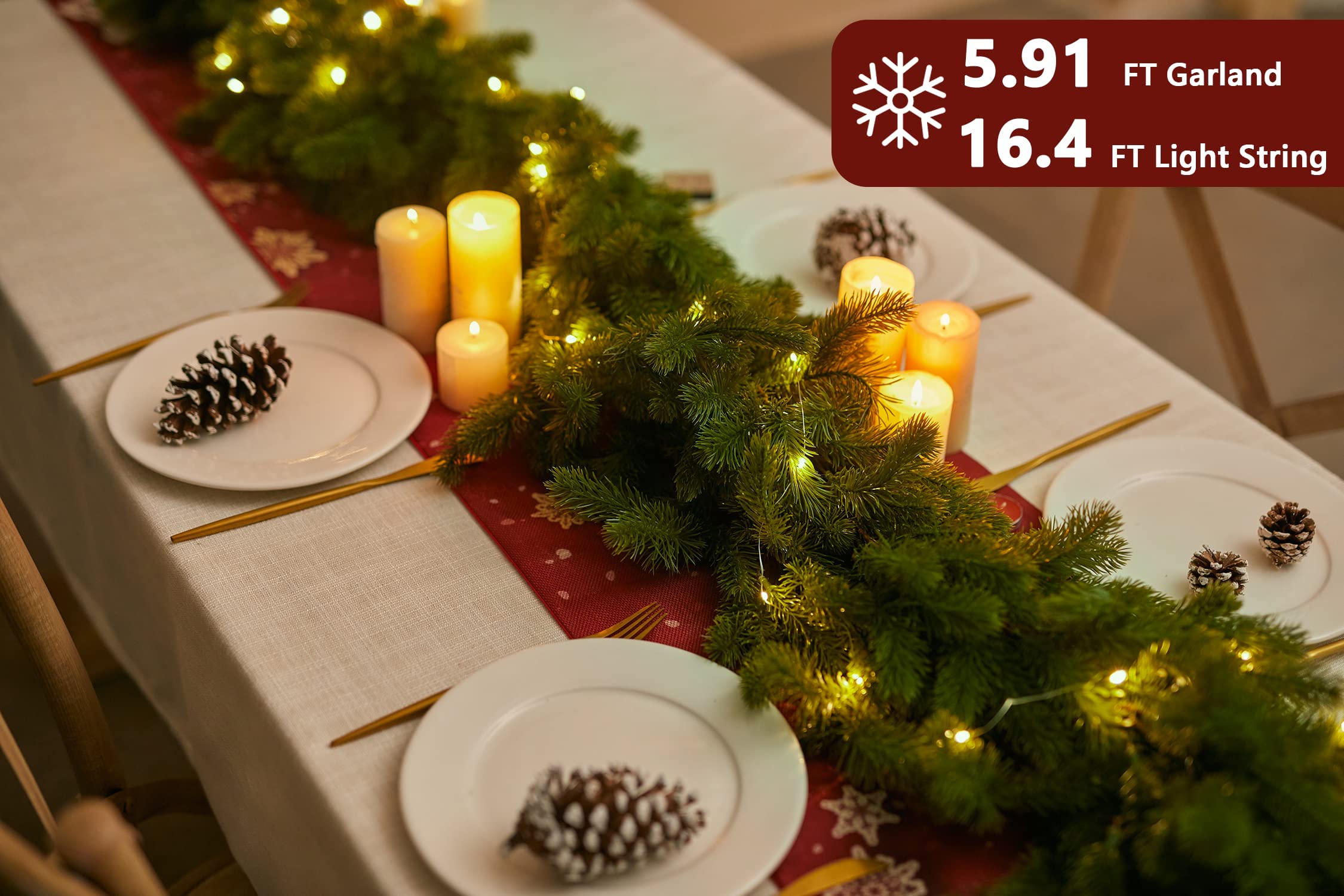 PARTY JOY 6FT Christmas Garland Pine Garland with 9.8FT LED Lights String, Greenery Plant for Christmas Decorations Table Mantle Background Wall Room Outdoor Indoor Winter Decoration