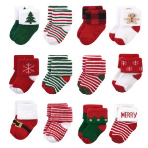 hudson baby unisex baby cotton rich newborn and terry socks, 12 days of christmas, 6-12 months