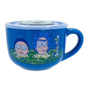 silver buffalo rick and morty ceramic soup mug with a vented plastic lid, 24 ounces