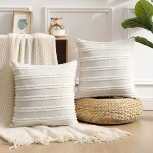 pallene boho decorative throw pillow covers, neutral striped pillow covers 18x18 set of 2, beige cotton linen pillow covers for couch sofa living room.