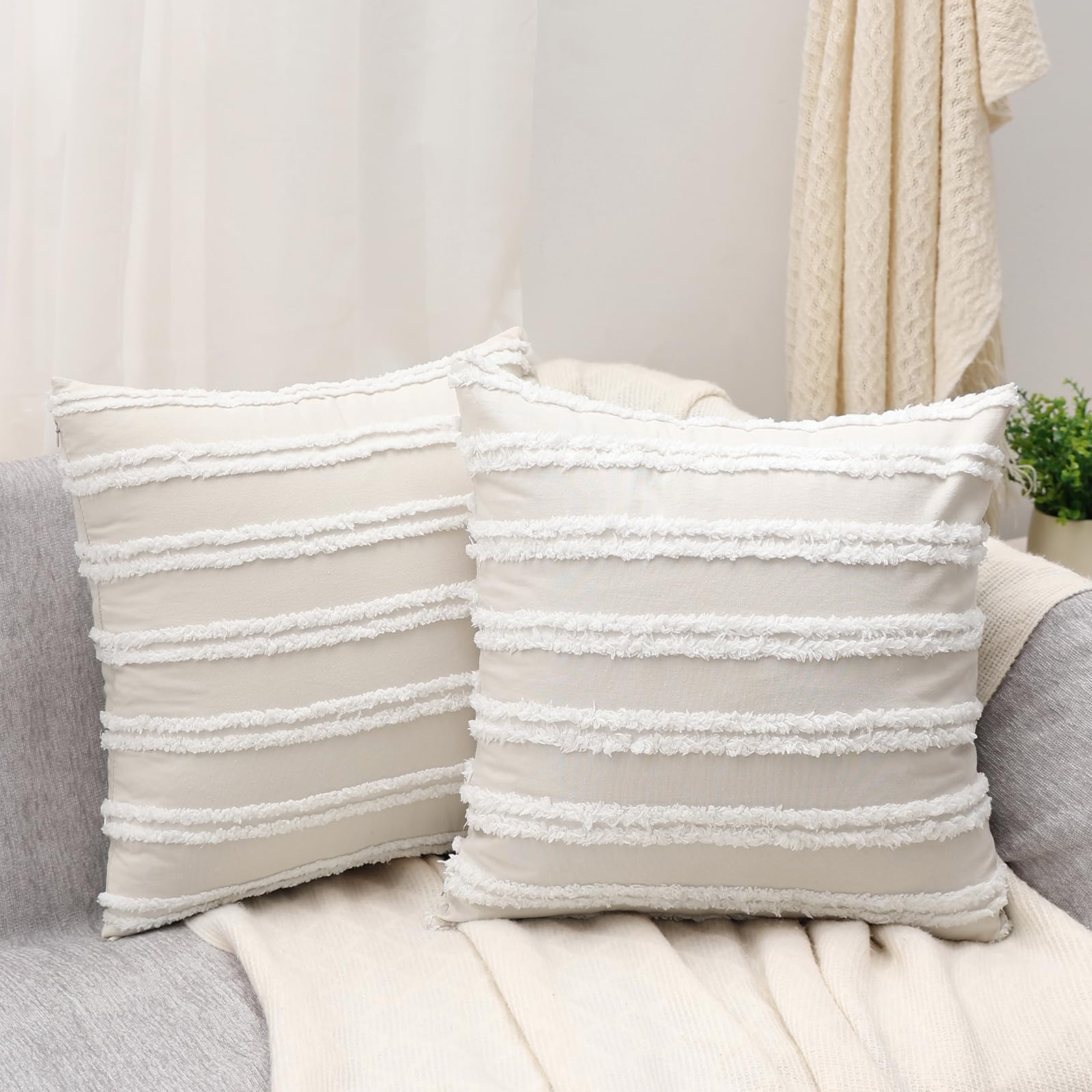 Pallene Boho Decorative Throw Pillow Covers, Neutral Striped Pillow Covers 18X18 Set of 2, Beige Cotton Linen Pillow Covers for Couch Sofa Living Room.