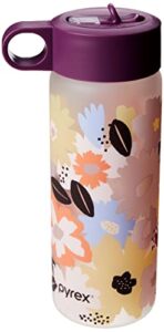 pyrex 24-oz color changing water bottle with flip-top lid, leakproof and textured glass reusable, eco-friendly, bpa-free silicone coating, happy floral