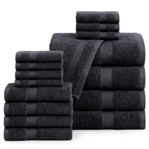 lane linen 16 piece bath towels - black towels - 100% cotton towels for bathroom, luxury bath towels, highly absorbent bathroom towel set, 4 bath towels, 4 hand towels, 8 wash cloths - black