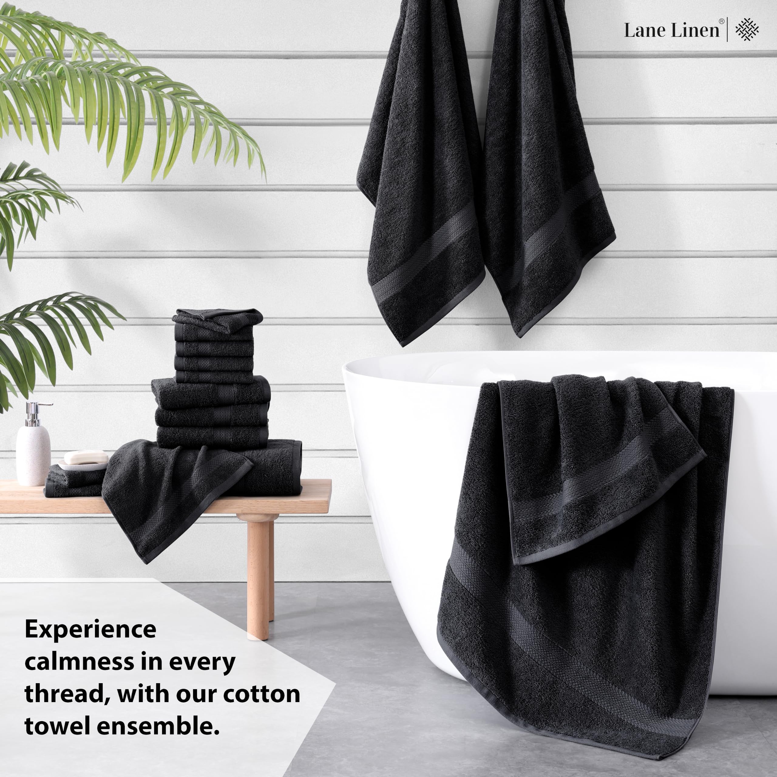 LANE LINEN 16 Piece Bath towels - Black Towels - 100% Cotton Towels for Bathroom, Luxury Bath Towels, Highly Absorbent Bathroom Towel Set, 4 Bath Towels, 4 Hand Towels, 8 Wash cloths - Black