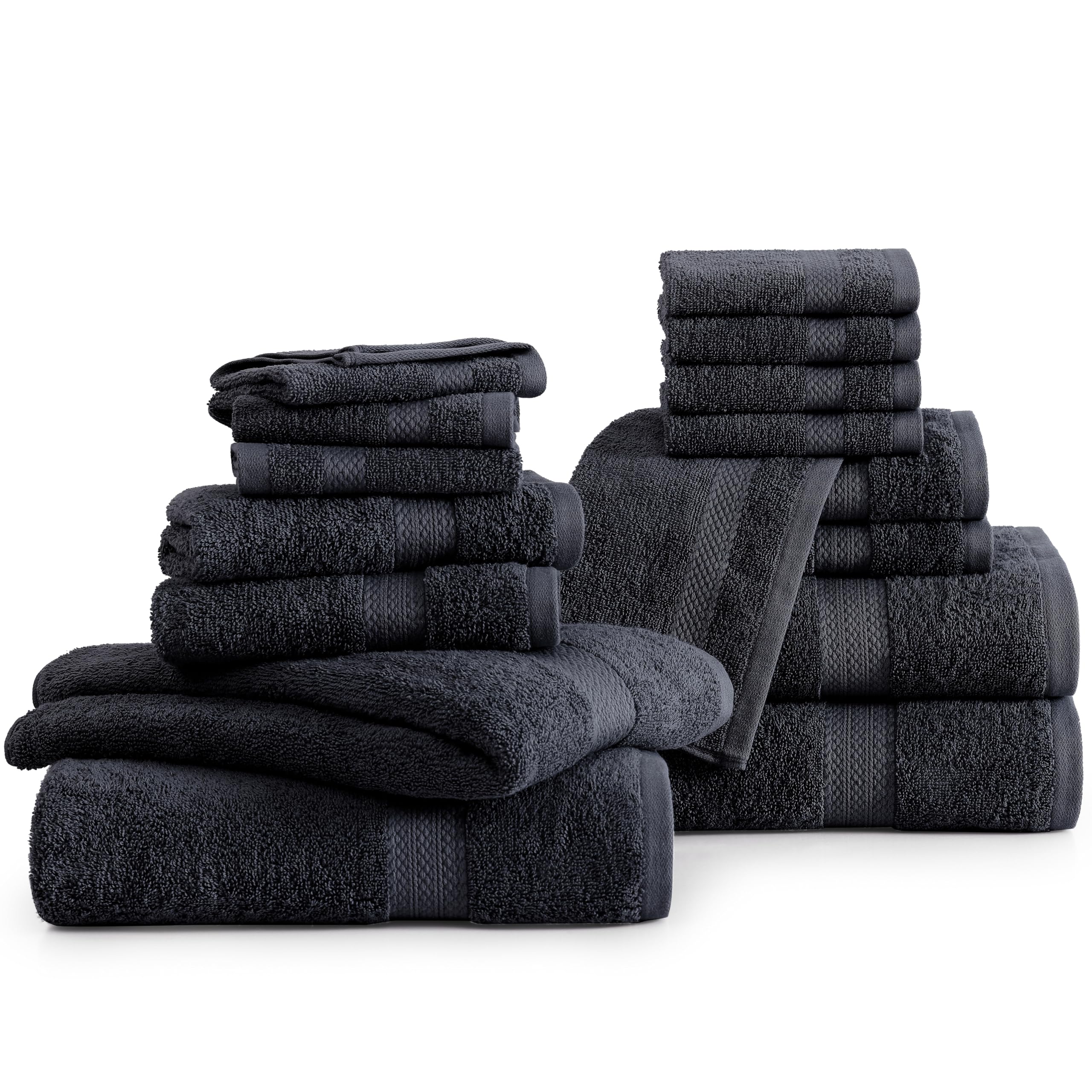 LANE LINEN 16 Piece Bath towels - Black Towels - 100% Cotton Towels for Bathroom, Luxury Bath Towels, Highly Absorbent Bathroom Towel Set, 4 Bath Towels, 4 Hand Towels, 8 Wash cloths - Black