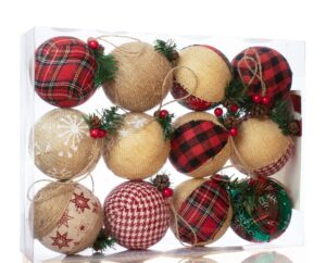 12 piece rustic christmas tree ornaments, farmhouse christma decoration, natural jute burlap christmas ball