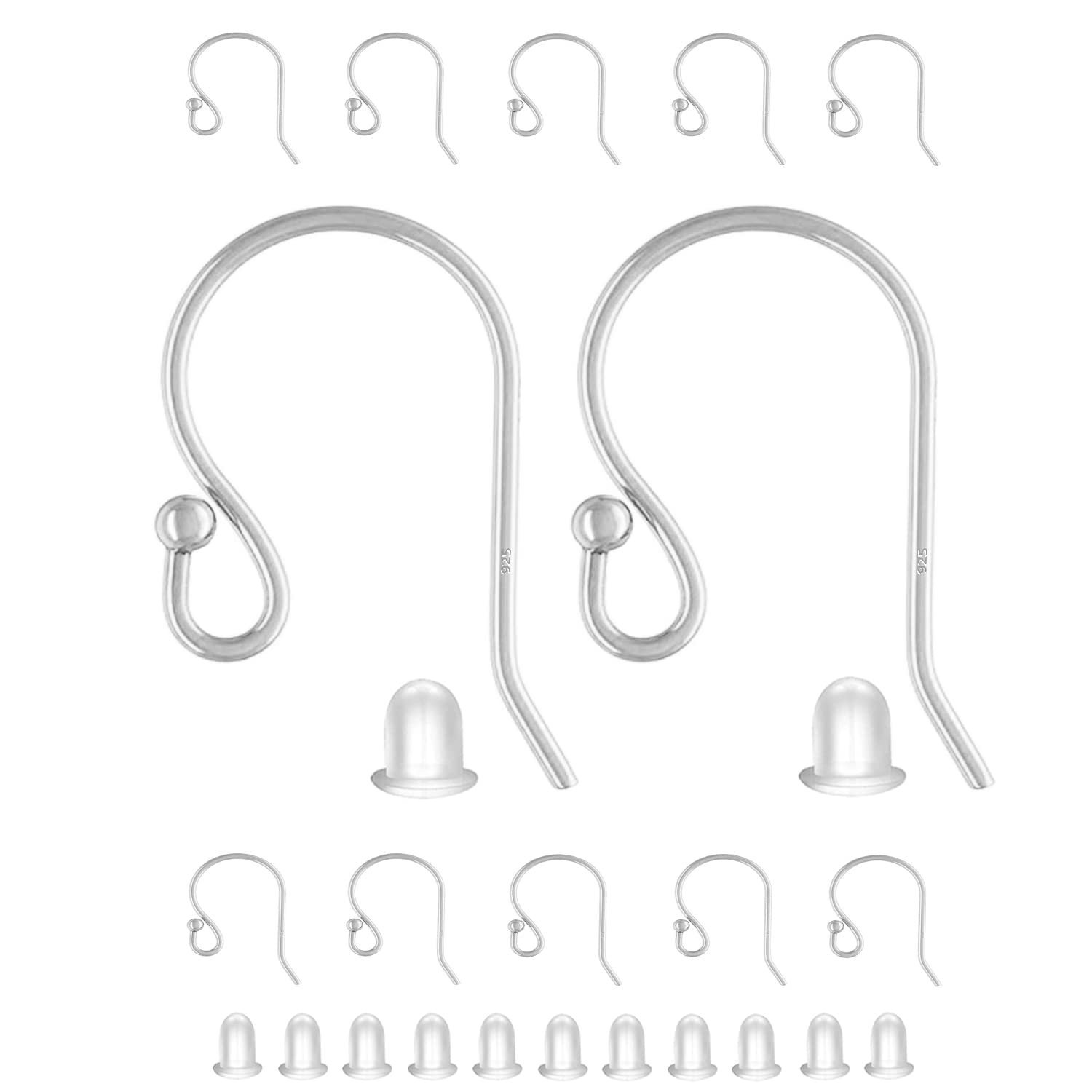 BEADNOVA Earring Hooks 925 Sterling Silver Ball Dot Ear Wire with Rubber Earring Backs Earwire for Jewelry Making Earring Supplies (12pcs Ear Wire and 12pcs Earring Backs, Total 24pcs)