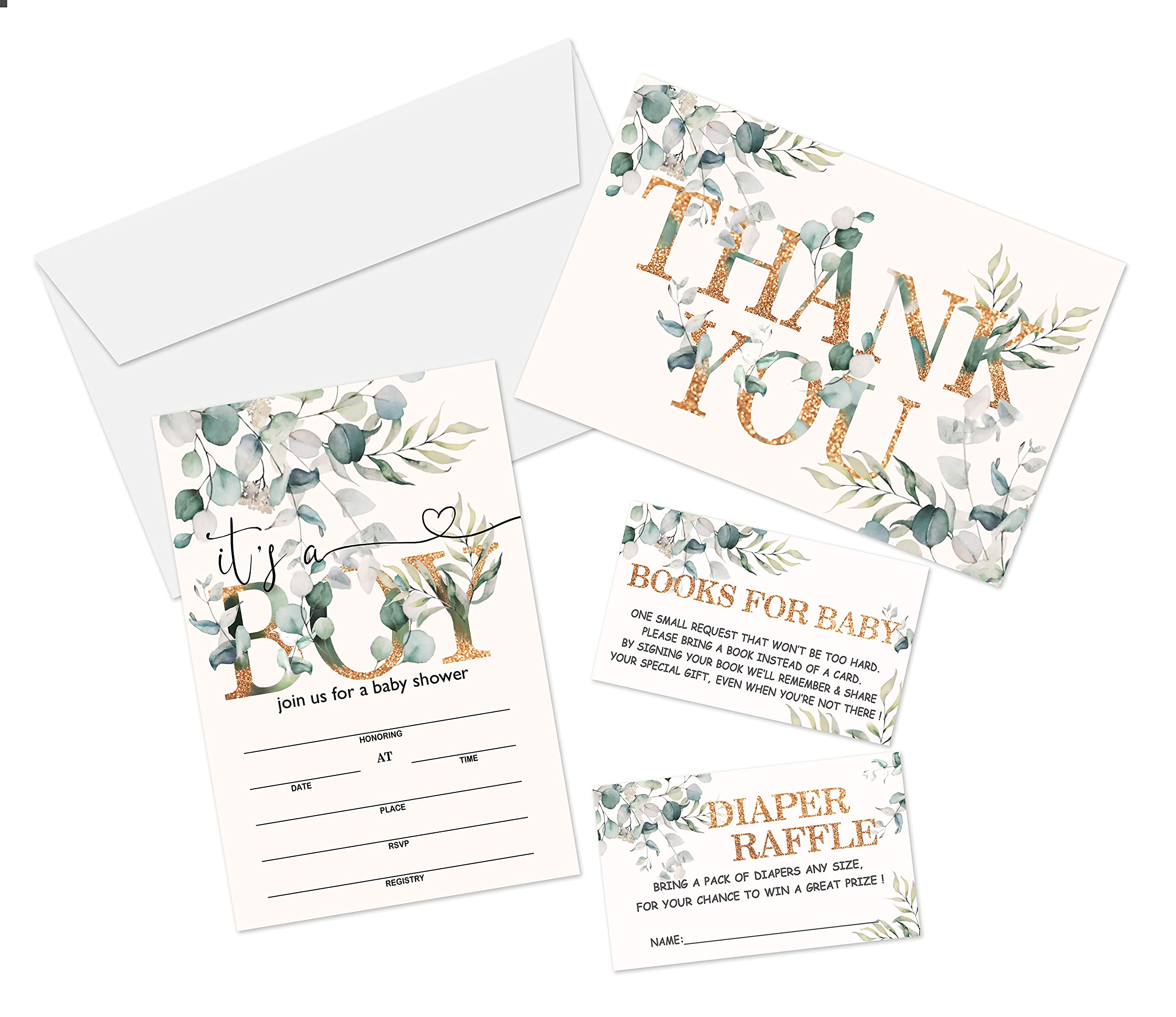 Yuansail Baby Shower Invitation Set, Fill In Invites Cards, Books For Baby, Diaper Raffle, Thank You, Boy, Each Design 25 Cards & Envelopes (Total 100 Cards) – (bb005-taozhuang)