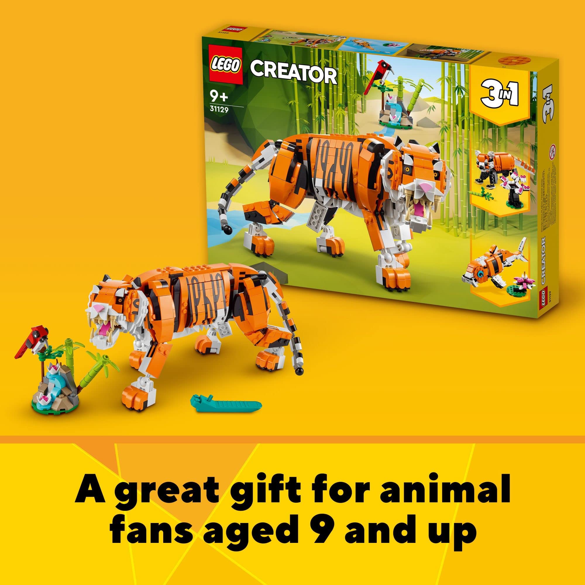 LEGO Creator 3 in 1 Majestic Tiger Building Set, Transforms from Tiger to Panda or Koi Fish Set, Animal Figures, Collectible Building Toy, Gifts for Kids, Boys & Girls 9 Plus Years Old, 31129