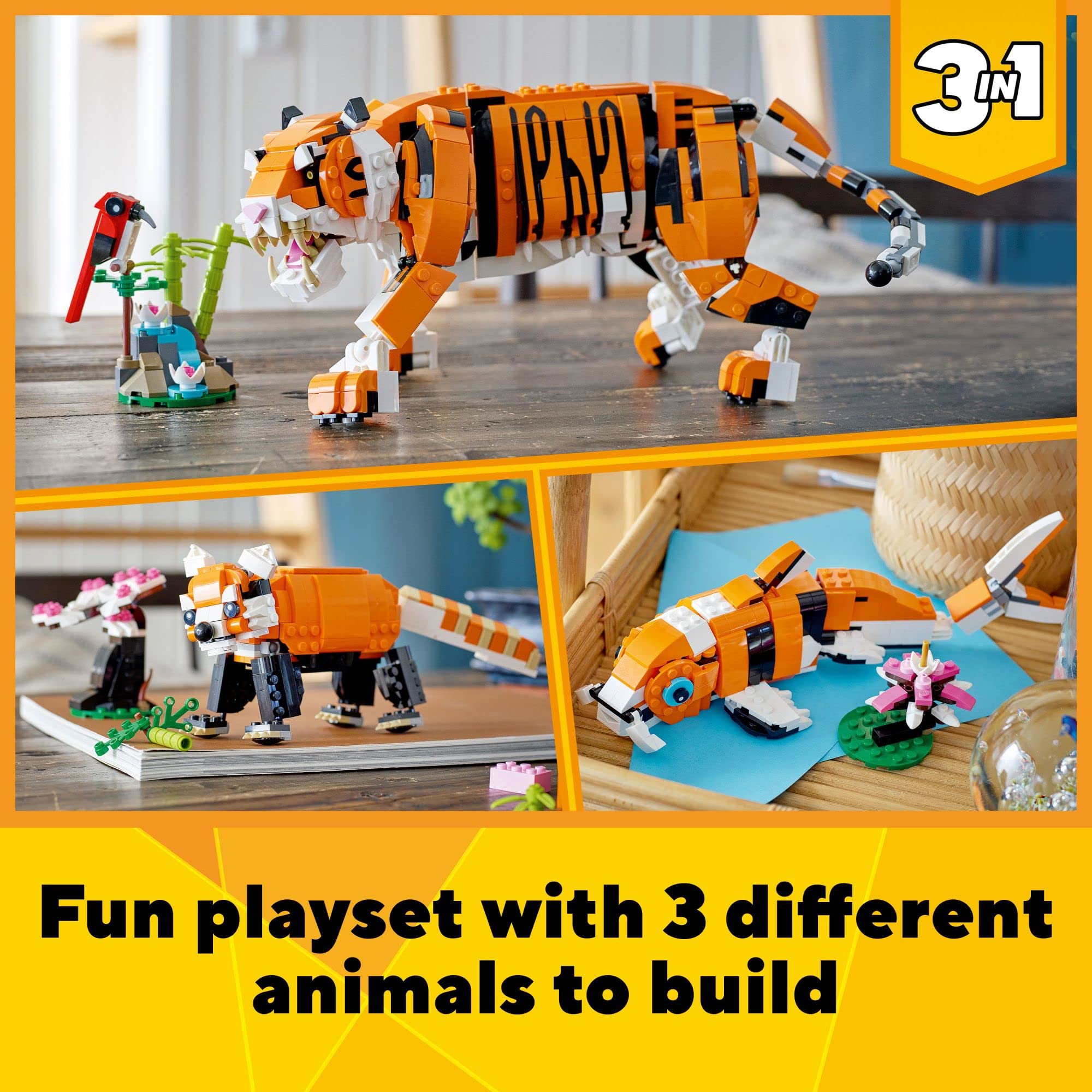 LEGO Creator 3 in 1 Majestic Tiger Building Set, Transforms from Tiger to Panda or Koi Fish Set, Animal Figures, Collectible Building Toy, Gifts for Kids, Boys & Girls 9 Plus Years Old, 31129