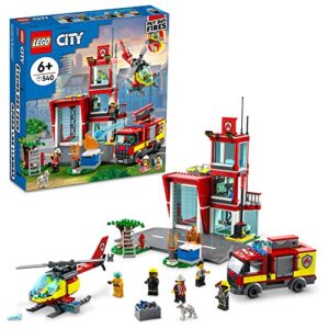 lego city fire station set 60320 with garage, helicopter & fire engine toys plus firefighter minifigures, emergency vehicles playset, gifts for kids age 6 plus