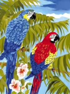 pracht creatives hobby paint by numbers junior parrots, diy picture approx. 33 x 24 cm, includes 7 acrylic paints, brush and printed painting card, ideal for beginners and children from 8 years