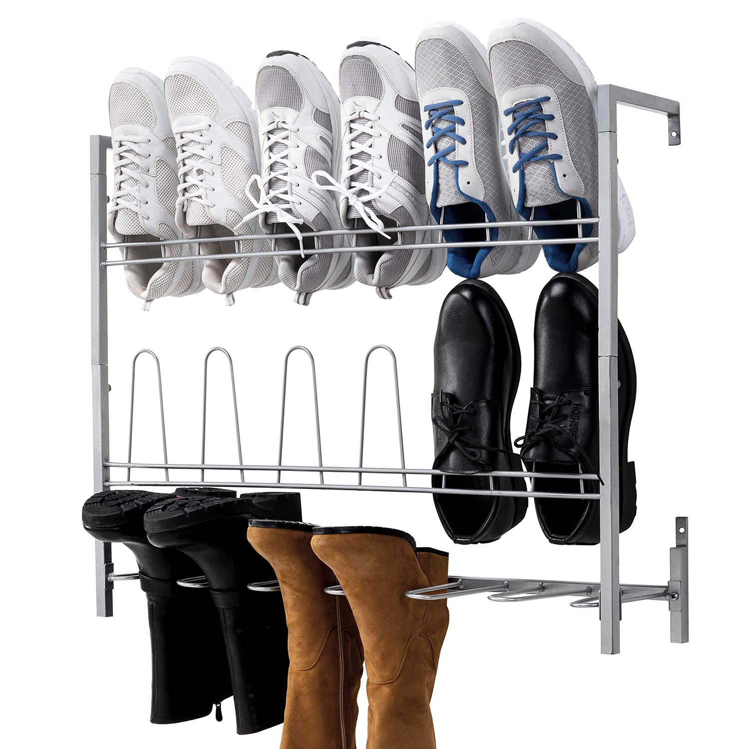 MyGift Premium Silver Metal Hanging Wall Shoe Rack for Walk in Closet, Mudroom and Entryway, Wall Mounted Space Saving Boot and Shoe Rack Organizer, Holds 9 Pairs