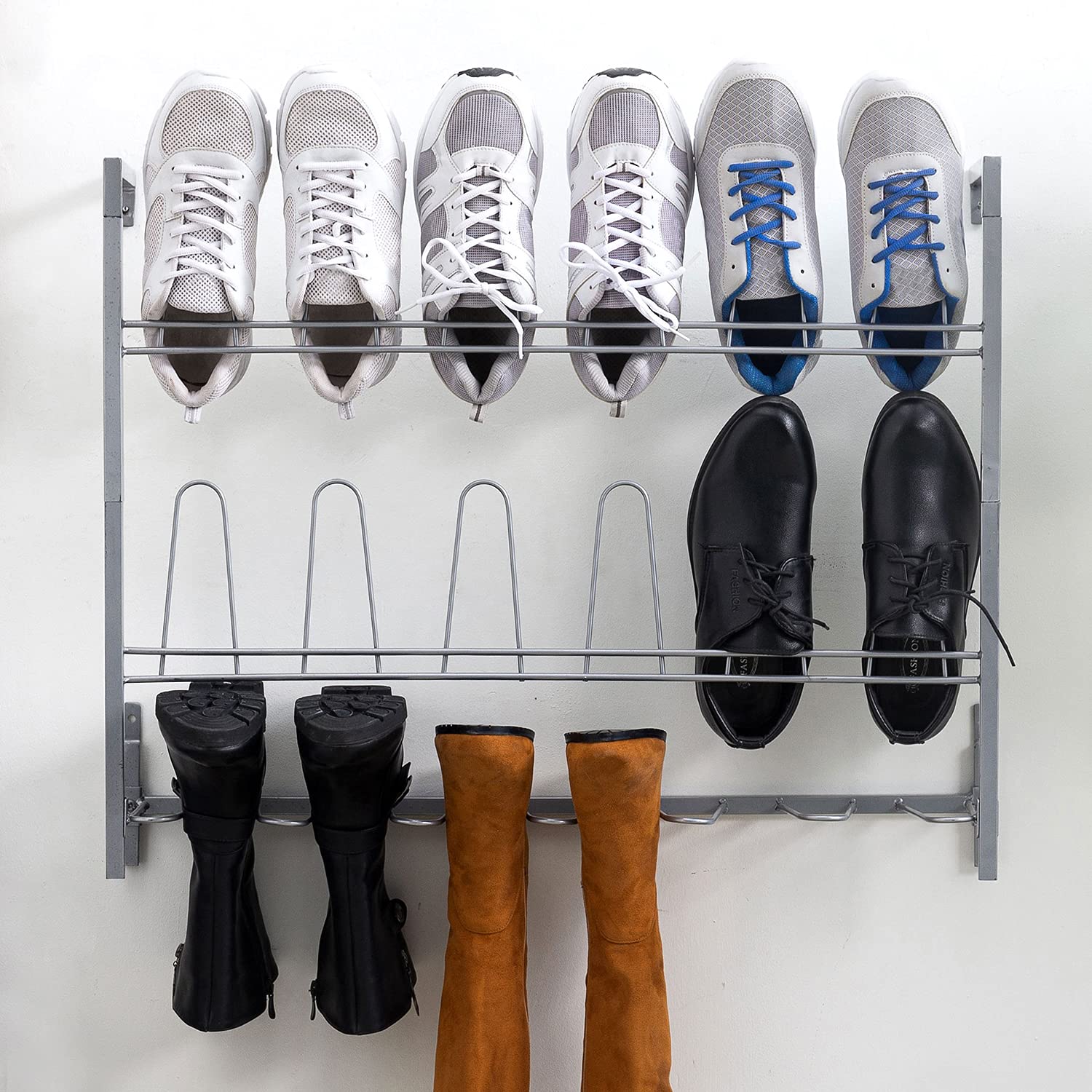 MyGift Premium Silver Metal Hanging Wall Shoe Rack for Walk in Closet, Mudroom and Entryway, Wall Mounted Space Saving Boot and Shoe Rack Organizer, Holds 9 Pairs