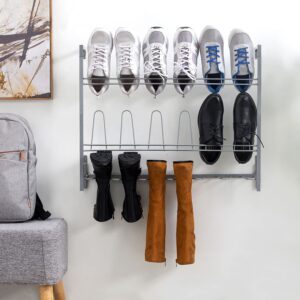 MyGift Premium Silver Metal Hanging Wall Shoe Rack for Walk in Closet, Mudroom and Entryway, Wall Mounted Space Saving Boot and Shoe Rack Organizer, Holds 9 Pairs