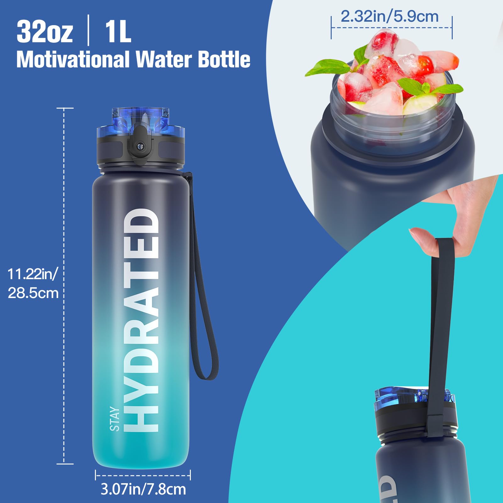 Sahara Sailor Water Bottles, 32oz Motivational Sports Water Bottle with Time Marker - Times to Drink - Tritan, BPA Free, Wide Mouth Leakproof, Fast Flow Technology with Clean Brush (1 Bottle)