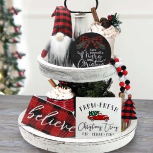 christmas decor - christmas decorations indoor - believe merry christmas wooden signs & buffalo plaid gnomes plush set - farmhouse rustic tiered tray country decor for home room table mantle