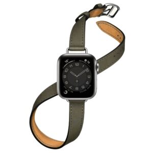 Slim Double Tour Genuine Leather Band for iWatch Series 8/Ultra/7/6/SE/5/4/3,Replacement Bracelet for Apple Watch Band 38mm 40mm 42mm 44mm 41mm 45mm 49mm,Strap,Brownness Wristband