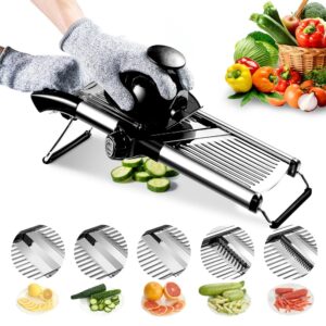 mandoline food slicer, adjustable mandoline slicer for kitchen, stainless steel mandolin vegetable chopper for potato/tomato/onion, vegetable slicer julienne cutter with cut-resistant gloves