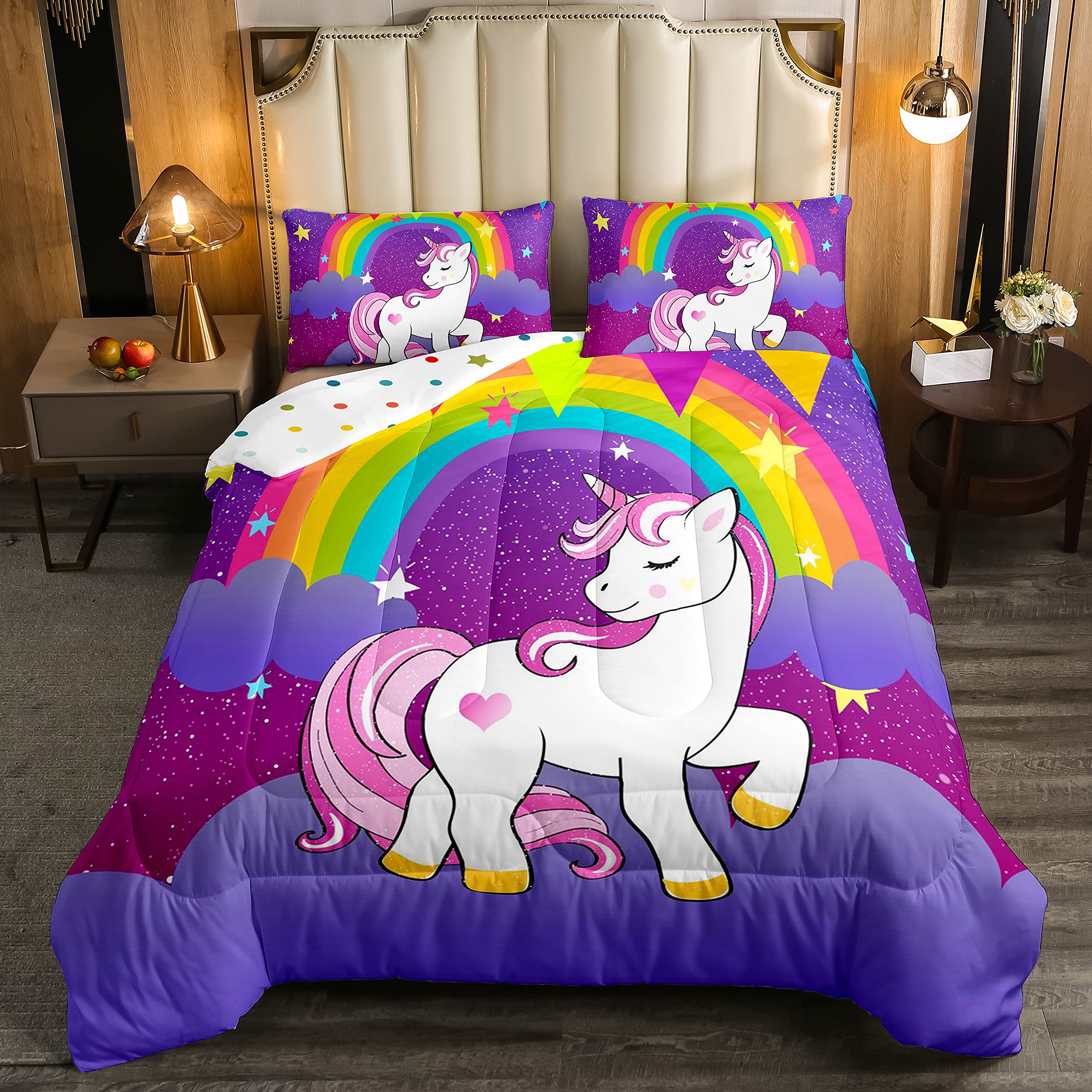 Girls Unicorn Bedding Set Full Kawaii Cute Unicorn Print Bedding Set Cartoon Horse Bedding Children Galaxy Stars Magical Unicorn Animal Down Comforter +2 Pillowcases Reversible Lightweight Purple