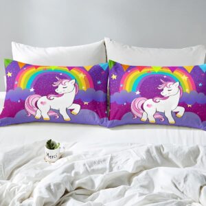 Girls Unicorn Bedding Set Full Kawaii Cute Unicorn Print Bedding Set Cartoon Horse Bedding Children Galaxy Stars Magical Unicorn Animal Down Comforter +2 Pillowcases Reversible Lightweight Purple