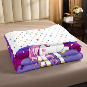 Girls Unicorn Bedding Set Full Kawaii Cute Unicorn Print Bedding Set Cartoon Horse Bedding Children Galaxy Stars Magical Unicorn Animal Down Comforter +2 Pillowcases Reversible Lightweight Purple