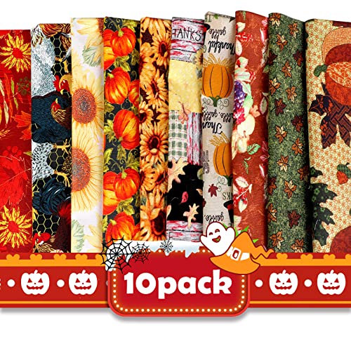 Souarts 10pcs Thanksgiving Fabric, 20x20inch/50x50cm Cotton Fabric Bundle, Squares Fabric Craft Sewing Quilting Patchwork Cloths, DIY Craft Pattern Square Fabric(Orange Thanksgiving，20inch/50cm)