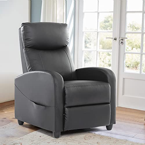 ZUNMOS Living Room Recliner Chair, PU Leather Adjustable Single Recliner Sofa Home Theater Seating Reading Chair for Bedroom, Dark Black