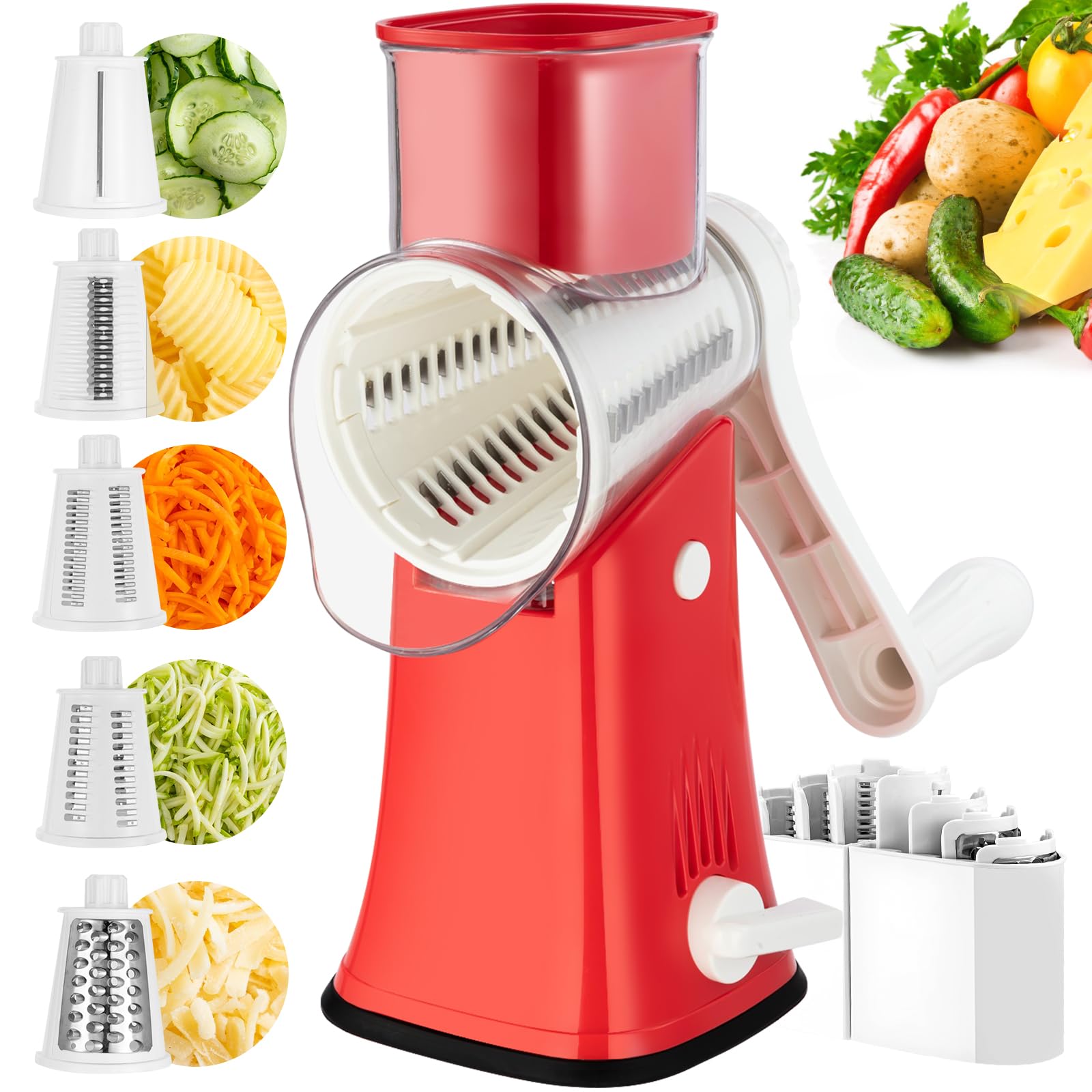 5 in 1 Cheese Grater, Cheese Grater Hand Crank,Rotary Cheese Grater, Replaceable Stainless Blades Cheese Shredder, Mandoline Slicer, Easy to Clean Rotary Grater with Storage Box