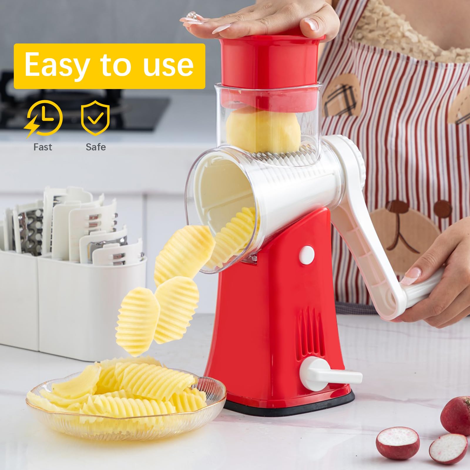 5 in 1 Cheese Grater, Cheese Grater Hand Crank,Rotary Cheese Grater, Replaceable Stainless Blades Cheese Shredder, Mandoline Slicer, Easy to Clean Rotary Grater with Storage Box