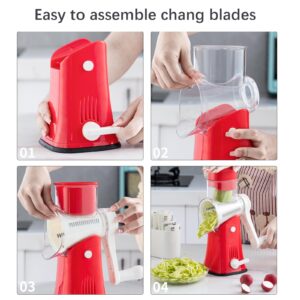 5 in 1 Cheese Grater, Cheese Grater Hand Crank,Rotary Cheese Grater, Replaceable Stainless Blades Cheese Shredder, Mandoline Slicer, Easy to Clean Rotary Grater with Storage Box