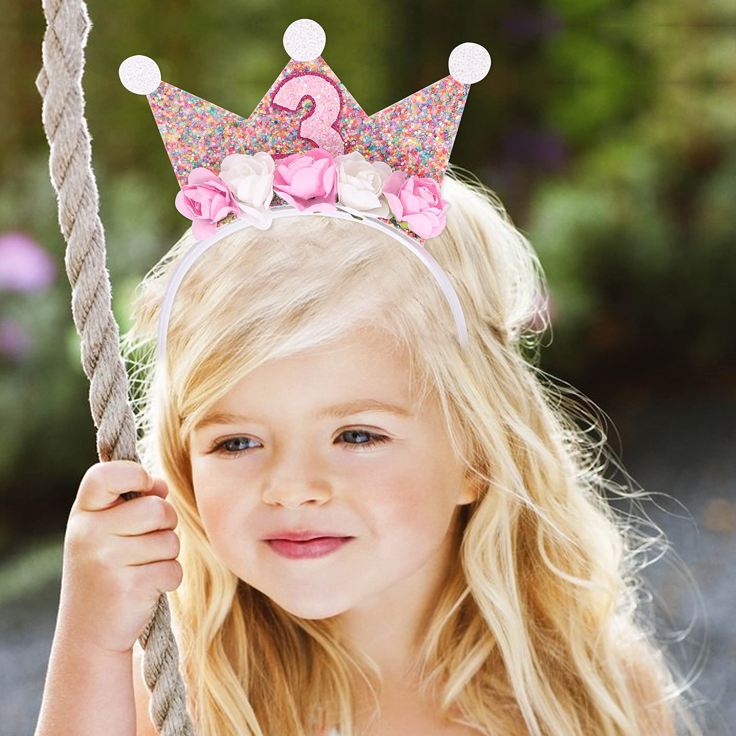 LINLULU Birthday Crown Headbands for Toddlers Girls - 2nd to 6th Birthday Crown, Princess Crown for Girls, Princess Tiara, Flower Crown Headbands for Birthday Girls (3rd birthday headband)