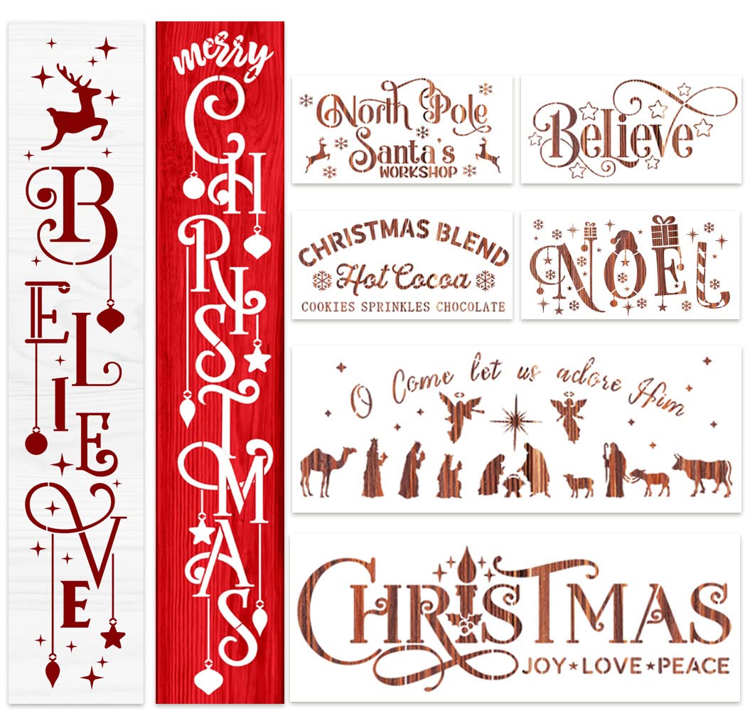 Christmas Stencils for Painting on Wood Holiday Christmas Stencil Large Believe Xmas Painting Stencils for Wall Porch Glass Wood Fabric