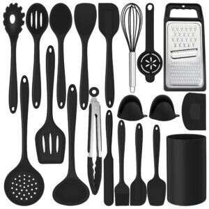 homikit 20 pieces kitchen utensils sets with holder, black silicone cooking utensil heat resistant, nonstick cooking tools include spatula spoon turner ladle tong whisk grater, dishwasher safe