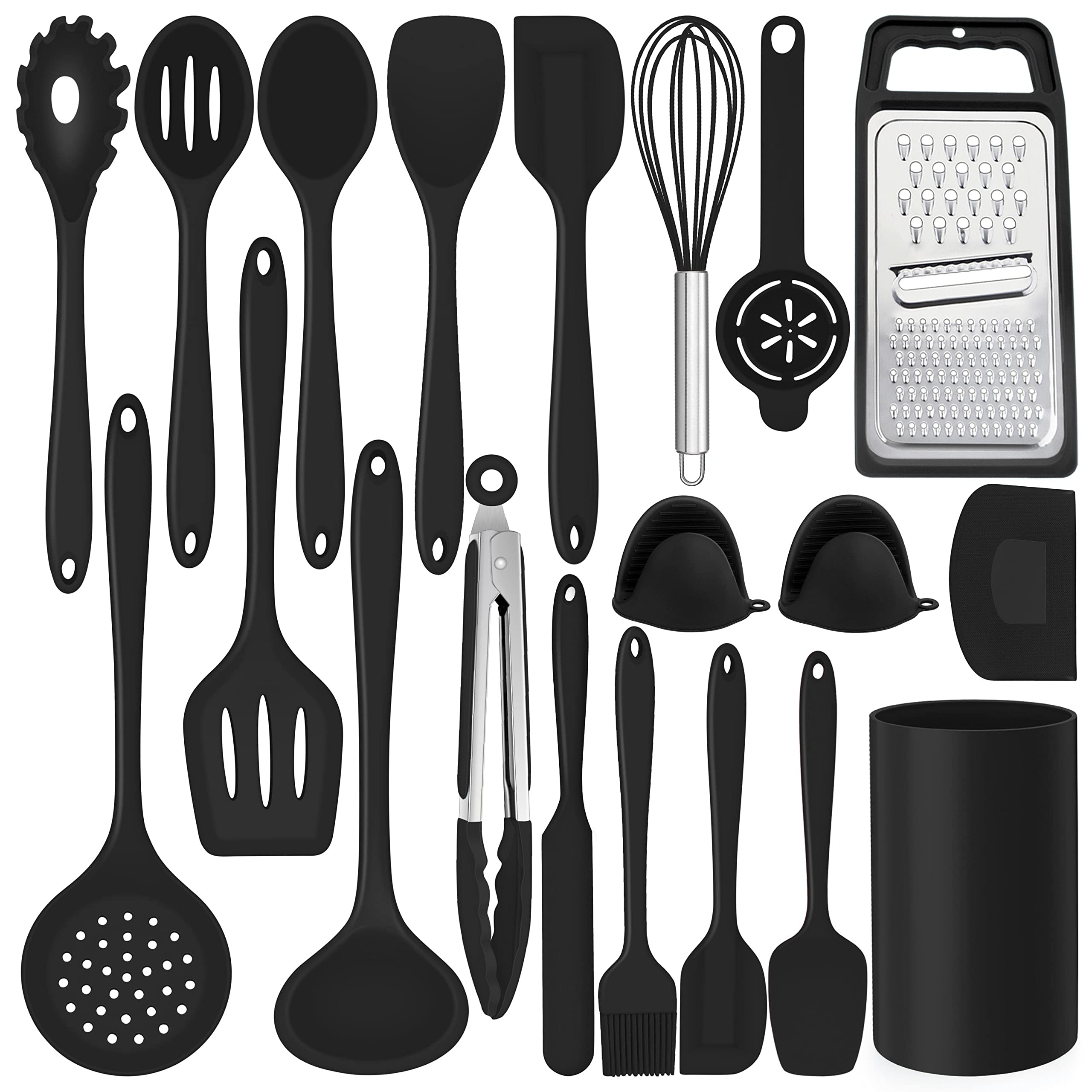 Homikit 20 Pieces Kitchen Utensils Sets with Holder, Black Silicone Cooking Utensil Heat Resistant, Nonstick Cooking Tools Include Spatula Spoon Turner Ladle Tong Whisk Grater, Dishwasher Safe