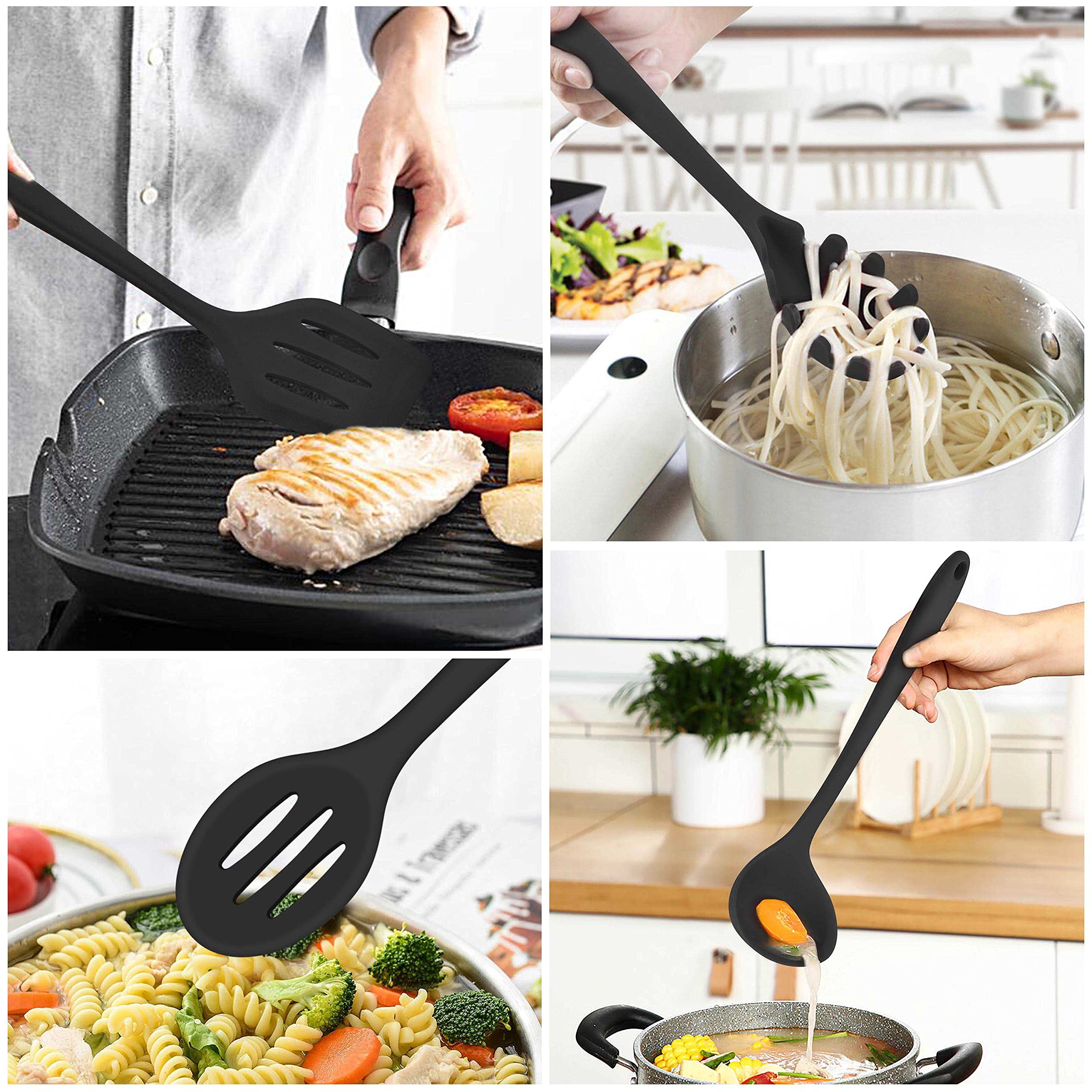 Homikit 20 Pieces Kitchen Utensils Sets with Holder, Black Silicone Cooking Utensil Heat Resistant, Nonstick Cooking Tools Include Spatula Spoon Turner Ladle Tong Whisk Grater, Dishwasher Safe