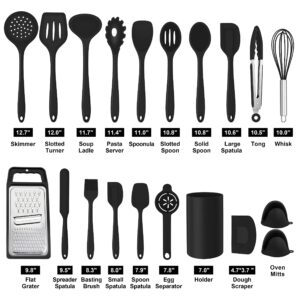 Homikit 20 Pieces Kitchen Utensils Sets with Holder, Black Silicone Cooking Utensil Heat Resistant, Nonstick Cooking Tools Include Spatula Spoon Turner Ladle Tong Whisk Grater, Dishwasher Safe