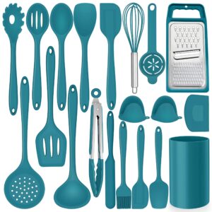 homikit 20-piece kitchen utensils sets with holder, navy blue teal silicone cooking utensil heat resistant, nonstick cooking tools include spatula spoon turner ladle tong whisk grater, dishwasher safe