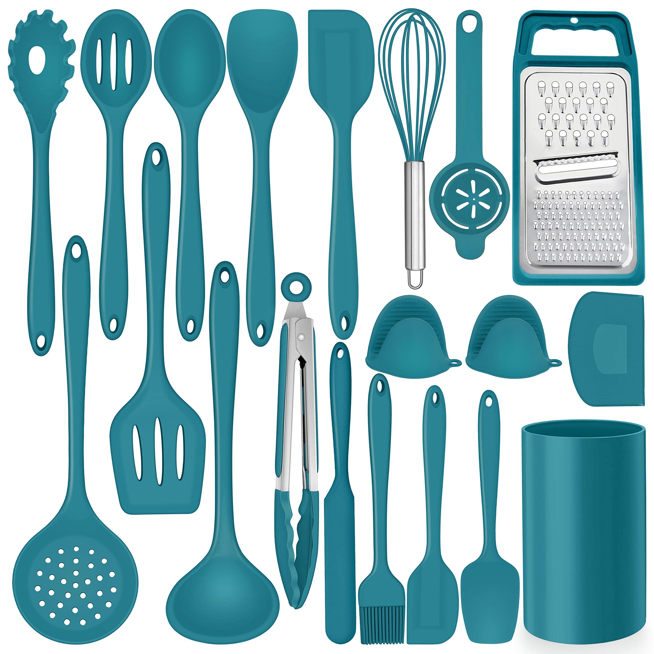 Homikit 20-Piece Kitchen Utensils Sets with Holder, Navy Blue Teal Silicone Cooking Utensil Heat Resistant, Nonstick Cooking Tools Include Spatula Spoon Turner Ladle Tong Whisk Grater, Dishwasher Safe