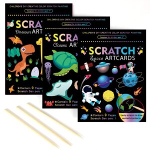 OPUHOHR 3 Set Magic Scratch Paper Art, Colorful Magic Drawing Art Book with 3 Scratch Pen for Birthday Halloween Christmas Party Games Projects Kits （Dinosaurs/Underwater World/Spaceman