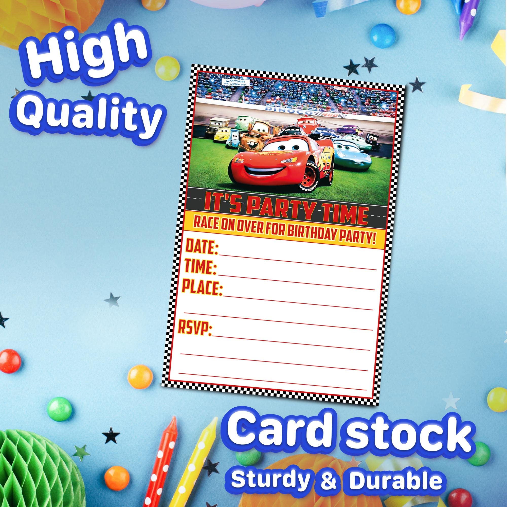 Set of 20 Cars -Themed Happy Birthday Invitation Cards & Envelopes - Lightweight (240g), Postcard Style Invites for the Perfect Party Pack