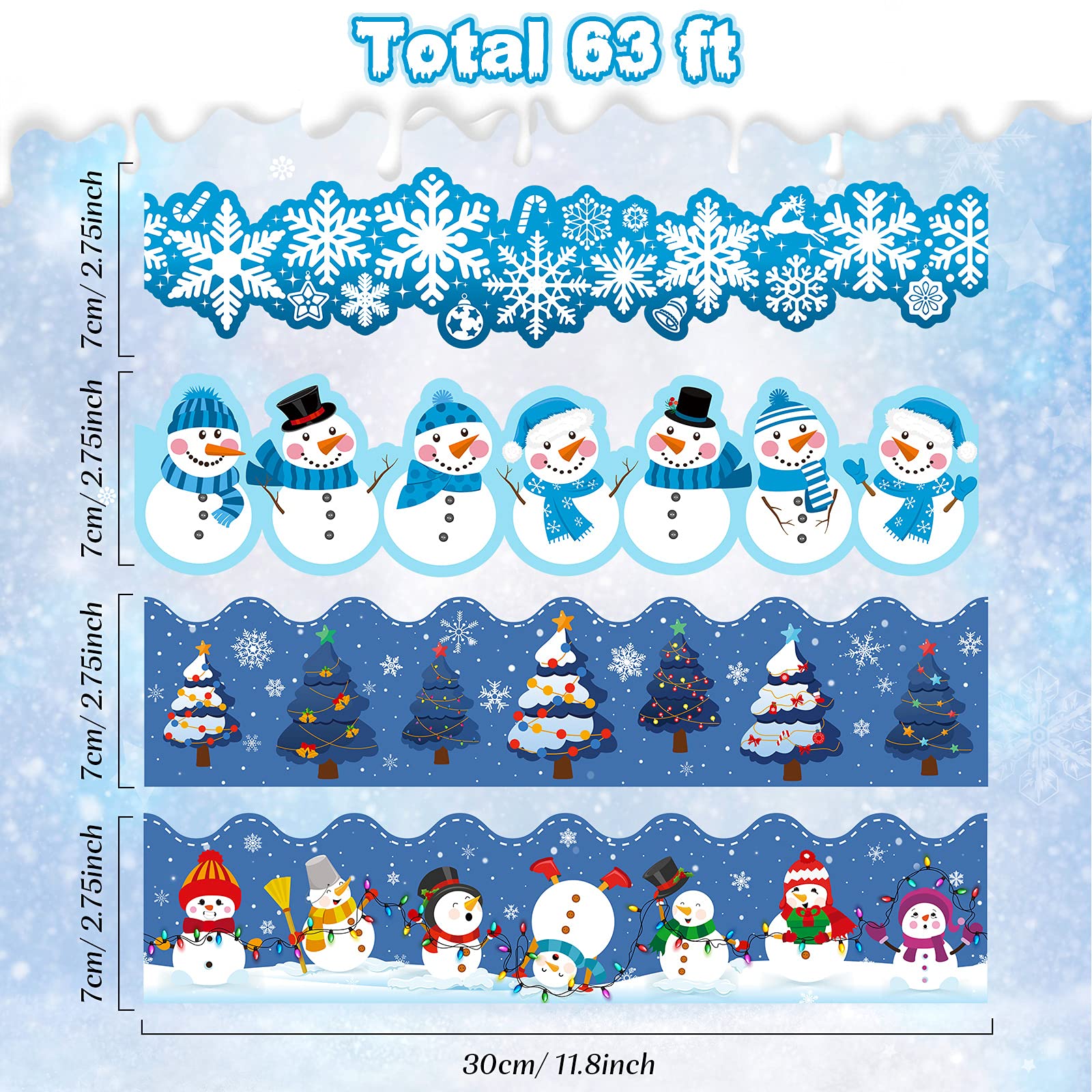 63ft Winter Bulletin Board Borders Snowman Bulletin Board Decorations Christmas Border Paper Holiday Borders Snowflake Xmas Tree Wave Trim Border for School Classroom Office Party (Vivid Style)