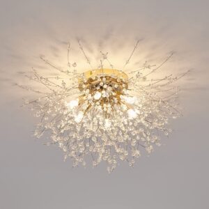 6-light sputnik flush mount ceiling light fixture, modern gold crystal firework ceiling lights, close to ceiling lamp for bedroom kitchen hallway entryway bathroom