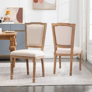 xrhom dining chairs set of 2, dining room chairs farmhouse upholstered chair with ladder backrest carving rubberwood solid legs chair french country for living room bedroom kitchen,beige